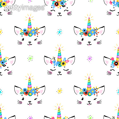 Cute Unicorn Cat Head with Floral Wreath and Lettering Seamless Pattern ...