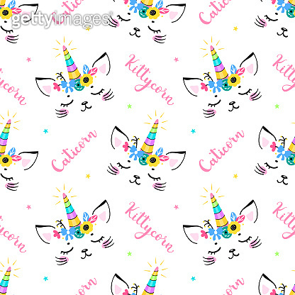 Cute Unicorn Cat Head with Floral Wreath and Lettering Seamless Pattern ...