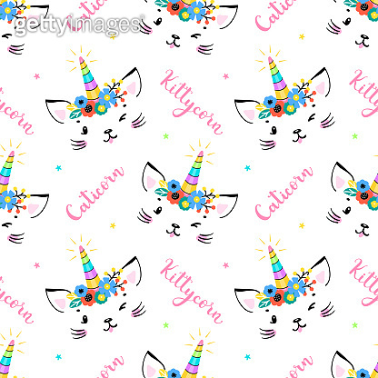 Cute Unicorn Cat Head with Floral Wreath and Lettering Seamless Pattern ...