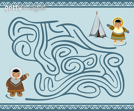 Maze game for children with cartoon kids characters. Northern kids in ...