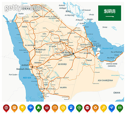 Saudi Arabia Road Map and Colored Map Icons (1148717702) 일러스트, 무료 일러스트 ...