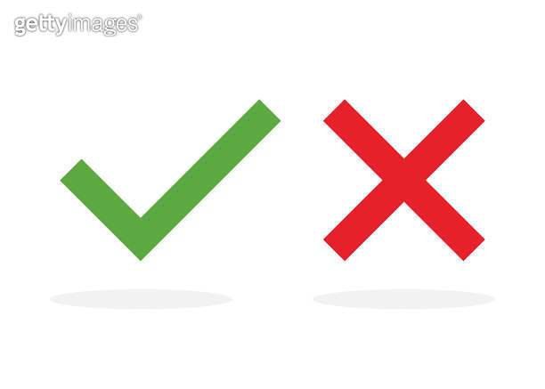Tick and cross signs. Green check mark OK and red NO icon on white ...