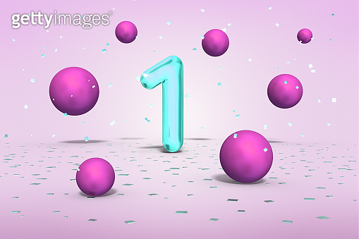 Bright neon number 1, flying shiny balls pink colors and gold confetti ...