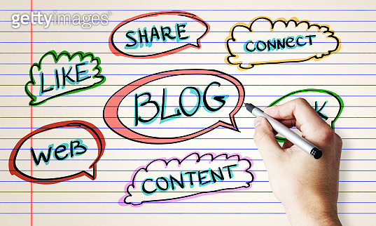 Blogging and social network concept with hand with pen writing words at ...