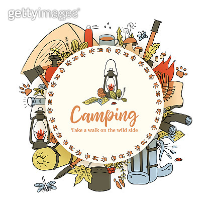 Camping round badge with text. template. Take a walk on the wild side ...