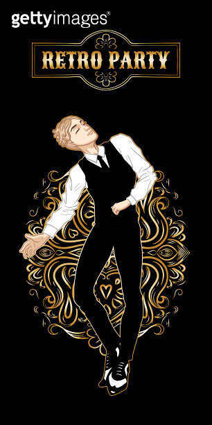 Retro party card, handsome man dressed in 1920s style dancing, dandy ...