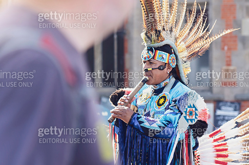 Whitby, North Yorkshire, England - Aug 24, 2019:,UK. Peruvian busker ...