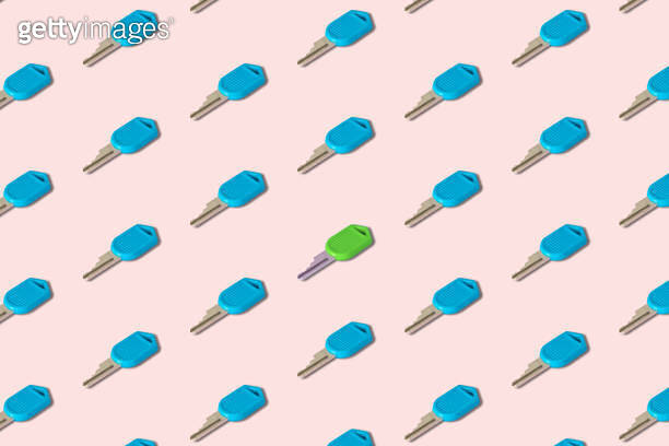 Small blue keys pattern with one green key unlock abstract composition ...