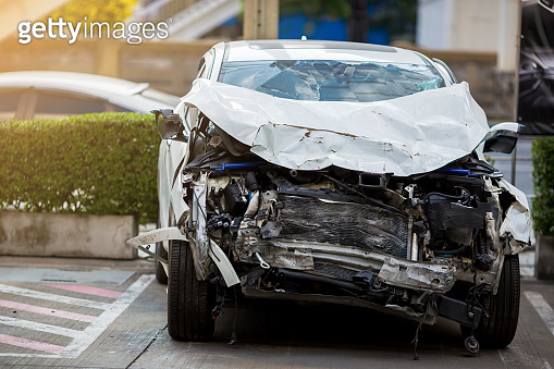 White car crash accident on the road. Sheet metal damage to cars. 이미지 ...