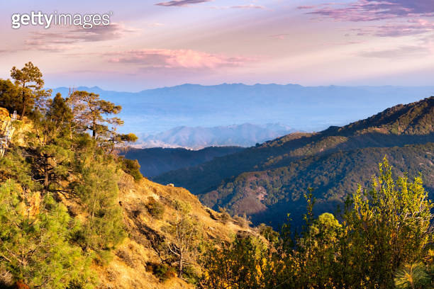 Sunset view of hills and valleys in the Santa Cruz mountains; South ...