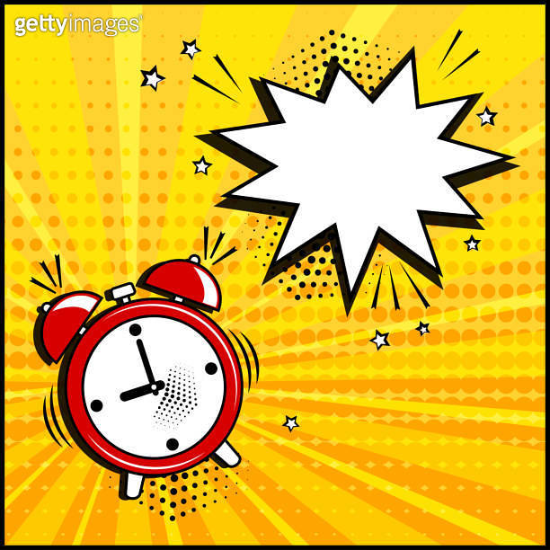 Empty white speech bubble and red alarm clock on yellow background ...
