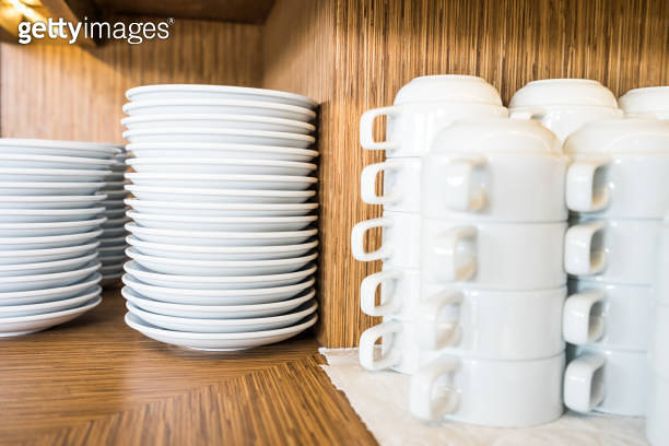 dishes stack on wood shelf and soup cup - can use to display or montage ...