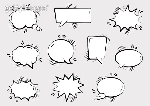 Set of empty comic speech bubbles different shapes with halftone shadows and stars. Comic sound ...