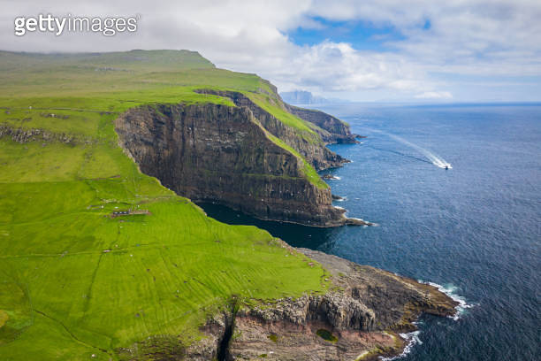 Aerial view of Mykines island in Faroe Islands, North Atlantic Ocean ...