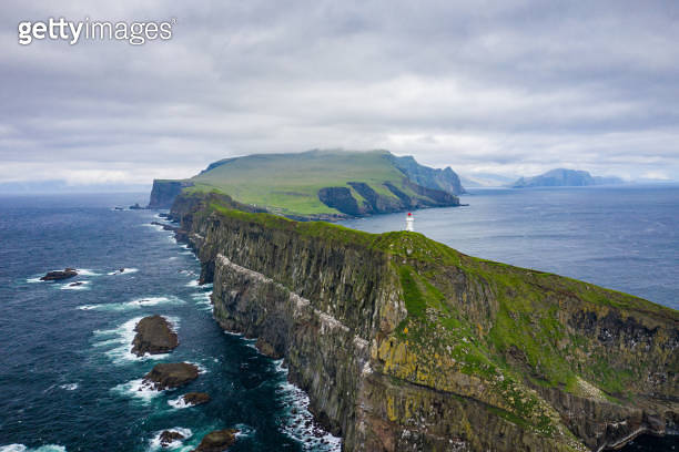Aerial view of Mykines island in Faroe Islands, North Atlantic Ocean ...