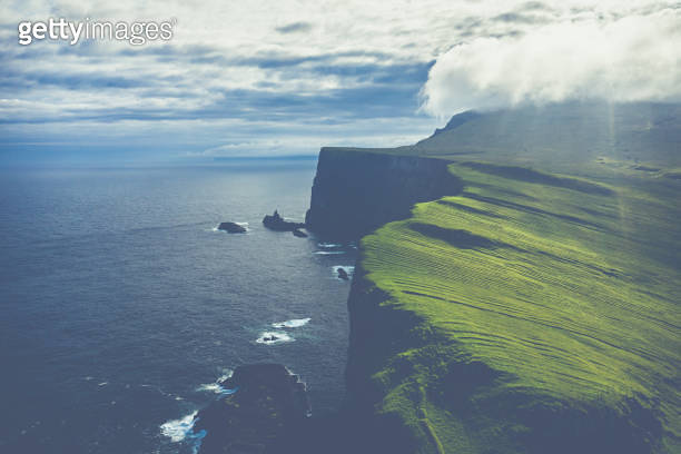 Aerial view of Mykines island in Faroe Islands, North Atlantic Ocean ...