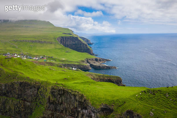 Aerial view of Mykines island in Faroe Islands, North Atlantic Ocean ...