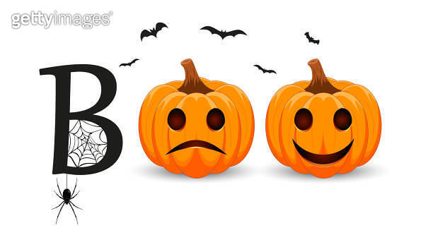 Boo. Lettering design with smiling pumpkin character. Orange pumpkin ...