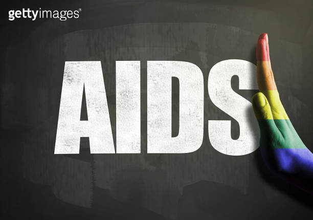 STOP hand sign with PRIDE FLAG over hand with text "AIDS" / Flag ...