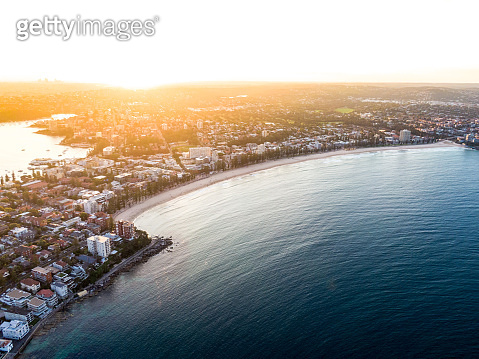 Aerial evening sunset drone shot of Manly, a beach-side suburb of ...