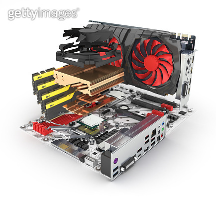 Motherboard complete with RAM and video card in disassembled form ...