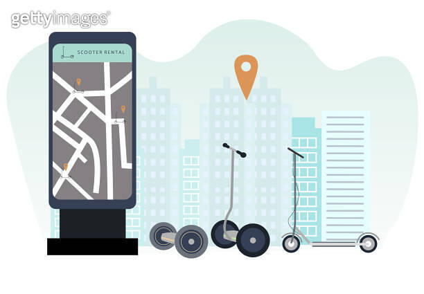 Scooter sharing or rental concept. Online electric rent service app. E ...
