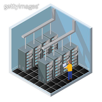 Isometric Vector Illustration diagnostic test in a server computer room ...