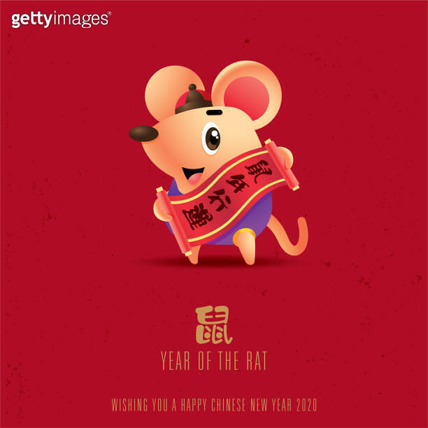 Cartoon cute little rat holds chinese calligraphy scroll with red ...