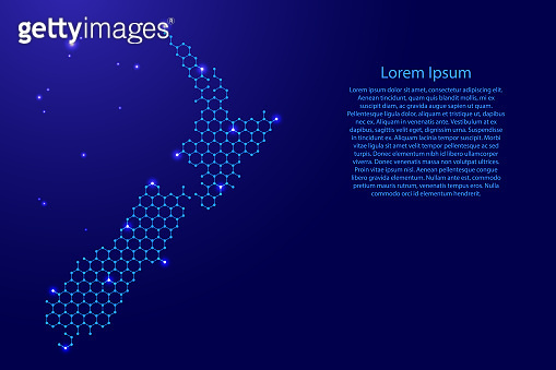 New Zealand map from futuristic hexagonal shapes, lines, points blue ...