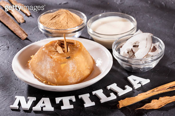 Traditional Colombian natilla - Coconut, milk and cinnamon ingredients ...