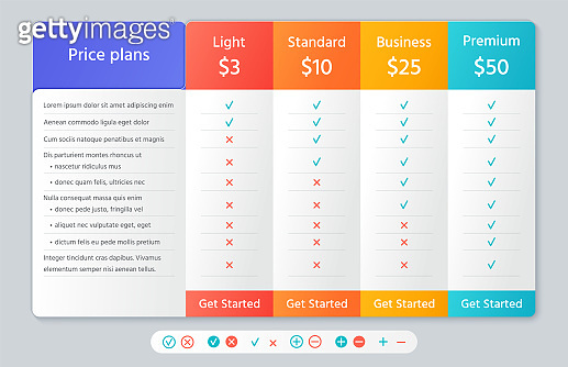 Table price chart. Vector illustration. Comparison plan template. 이미지 ...