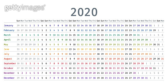 Linear calendar 2020. Vector illustration. Template diary planner ...