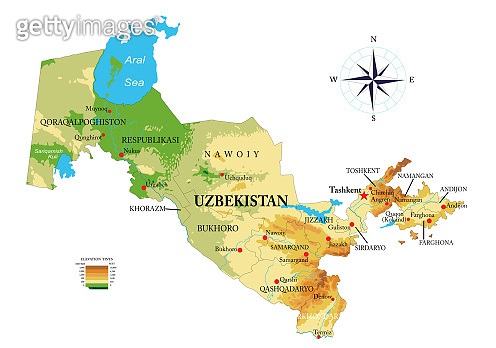 Uzbekistan physical map (1136780081) - 게티이미지뱅크