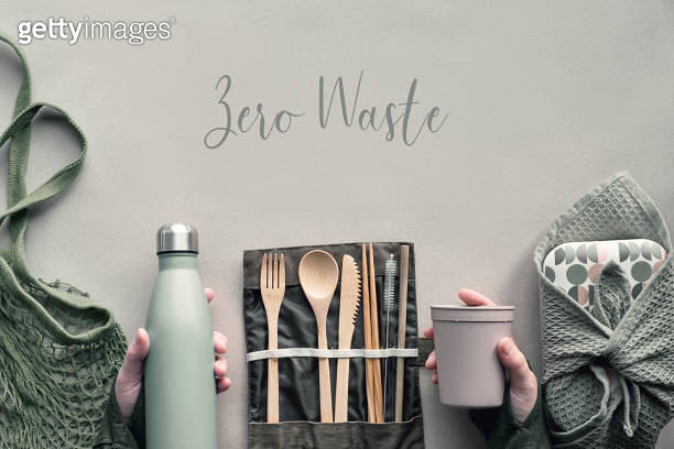 Creative top view, zero waste packed lunch concept. Flat lay, takeaway ...