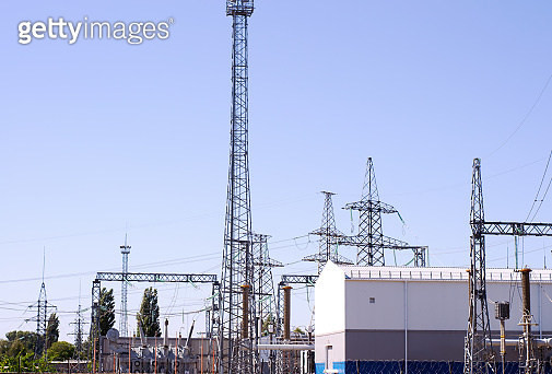 high voltage electrical substation with transformers and electric ...