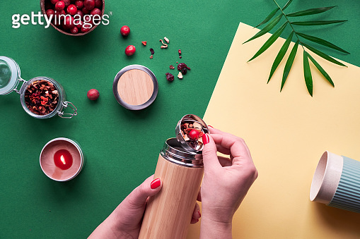 Zero waste tea to go, making herbal infusion in eco friendly insulated ...