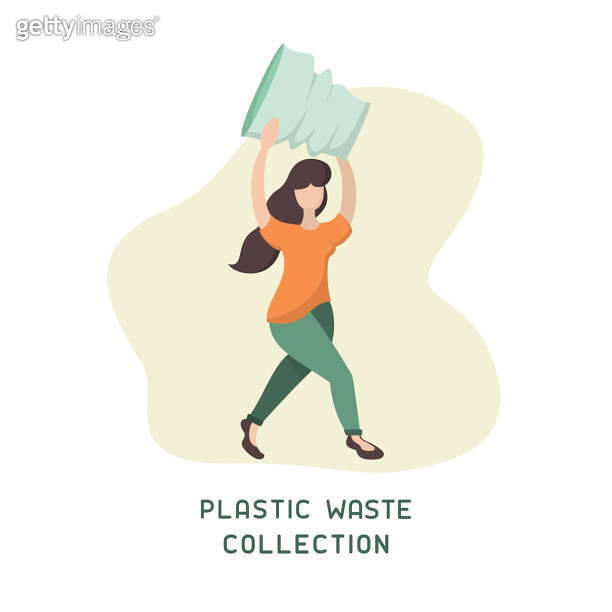 Plastic waste collection placard concept with girl collects trash 이미지 ...