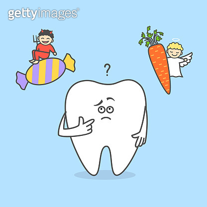 Cartoon tooth thinking with angel and devil. Candy and carrot ...