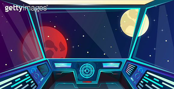 Spaceship futuristic interior of captains bridge in cartoon style ...