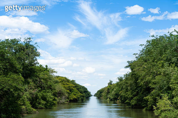 A long straight river and parallel to the trees along the coast with ...