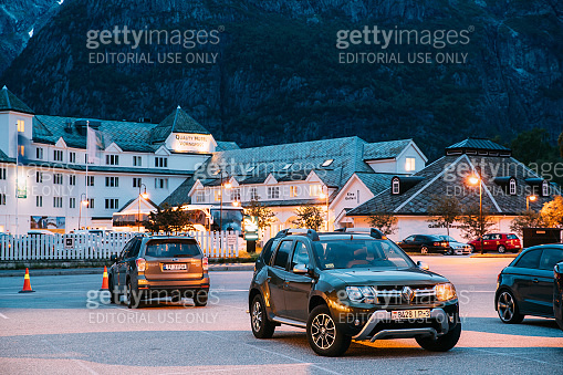 Eidfjord, Norway. Car Renault Duster SUV Parked In Norwegian Village In ...