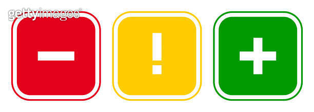 Set of square plus sign, exclamation point, minus sign icons, buttons ...