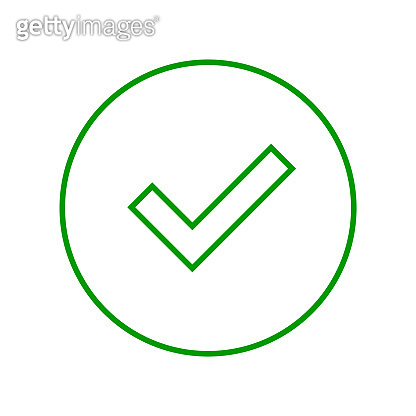 Round green check mark thin line icon, button, tick symbol on white ...