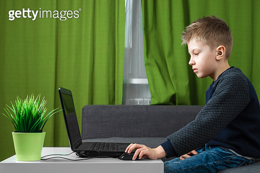 A boy at a laptop plays games, or watches a video. The concept of ...