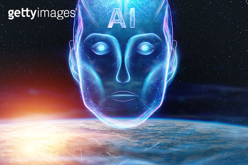 Blue Hologram of a robot head, artificial intelligence against the ...