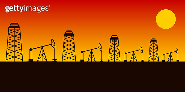 Pumpjacks and oil rigs in a row. Oilfield in desert. Vector ...