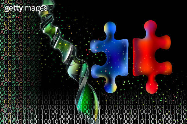 Chromosome-like red and blue jigsaw puzzle background There are DNA ...