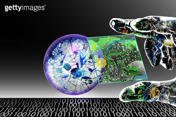 The cyborg's fingertips embedded with electronic circuitry grabbed the ...