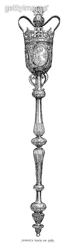 Victorian black and white engraving of the ceremonial mace of Jamaica ...