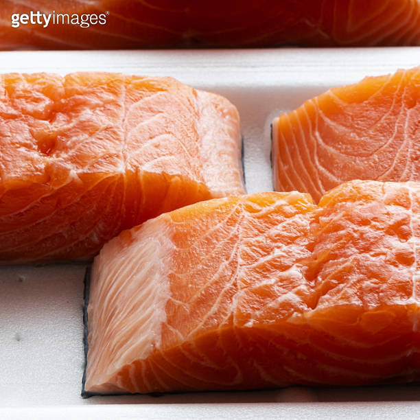 fresh salmon, cut into pieces and ready for cooking. fish cutting 이미지 ...